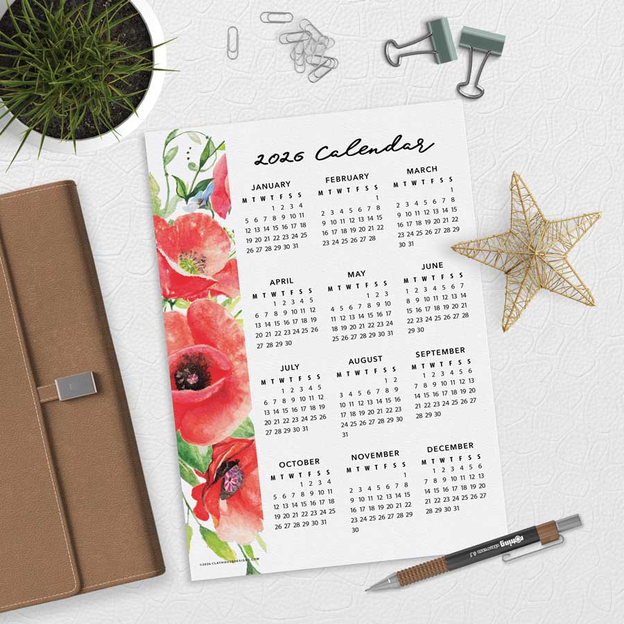 Poppy Flower (Side) 2026 Calendar Download - Clay House Designs
